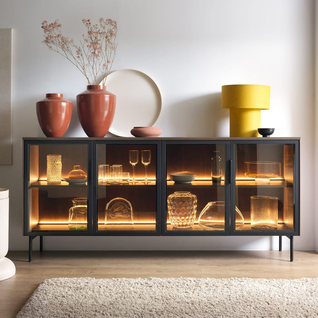 Metro Lane Lumi Display Glass-Fronted Sideboard Cabinet 181cm - Built-In LED Lighting for Modern ...